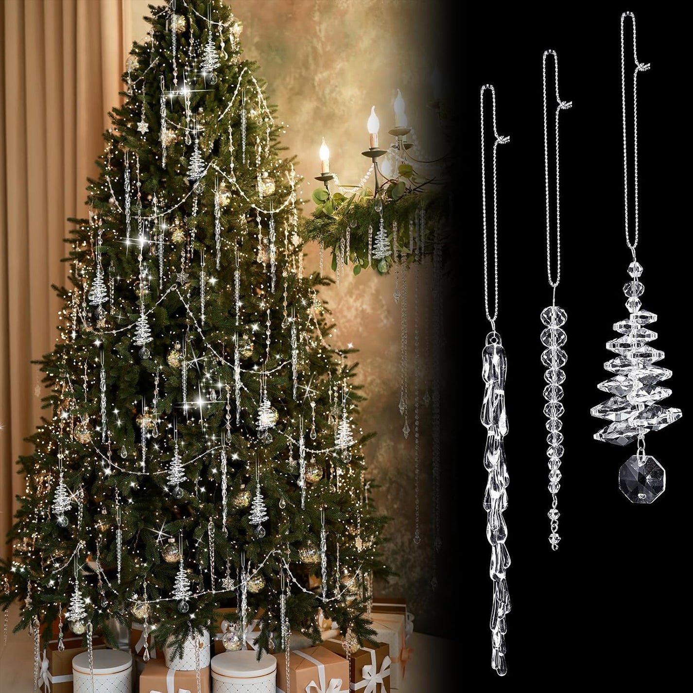 24 Pcs Crystal Icicle Christmas Tree Ornaments(3 Styles Christmas Icic ...